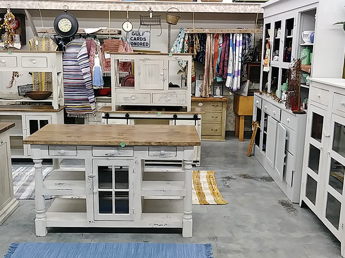 Not your big box store furniture department! These distressed white cabinets tell stories of family dinners and holiday gatherings from decades past.