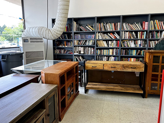A bibliophile's dream corner where wooden cabinets and bookshelves create a library-in-waiting for the savvy shopper.