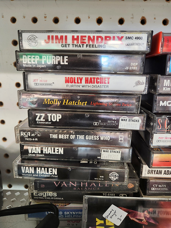 The cassette collection: where Jimi, Van Halen, and The Eagles patiently wait to soundtrack another road trip in your car's forgotten tape deck.