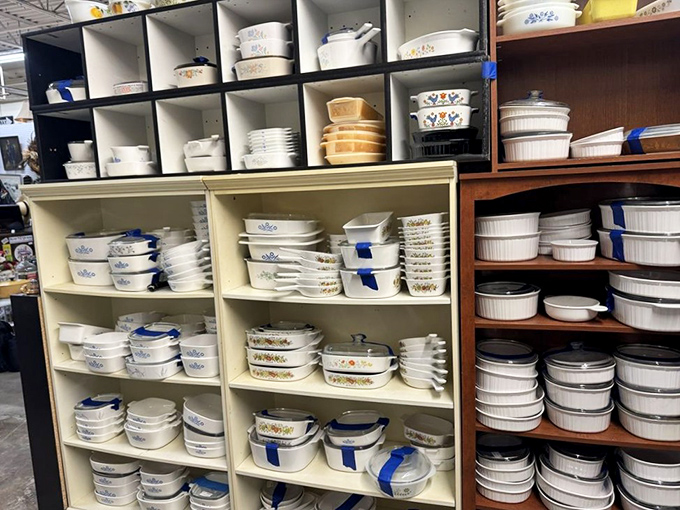 Grandma's Corningware collection has nothing on this display. Enough vintage casserole dishes to feed the Brady Bunch for eternity.