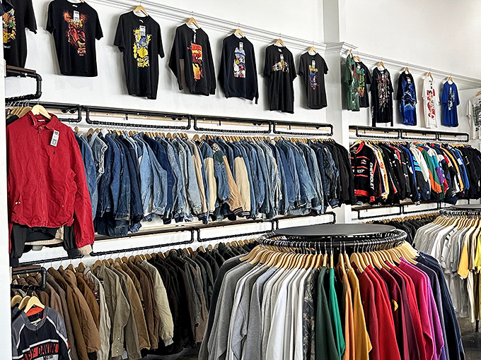 The denim section: where jean jackets from every era hang like a wearable timeline of American fashion history. Each one has stories stitched into its fabric.