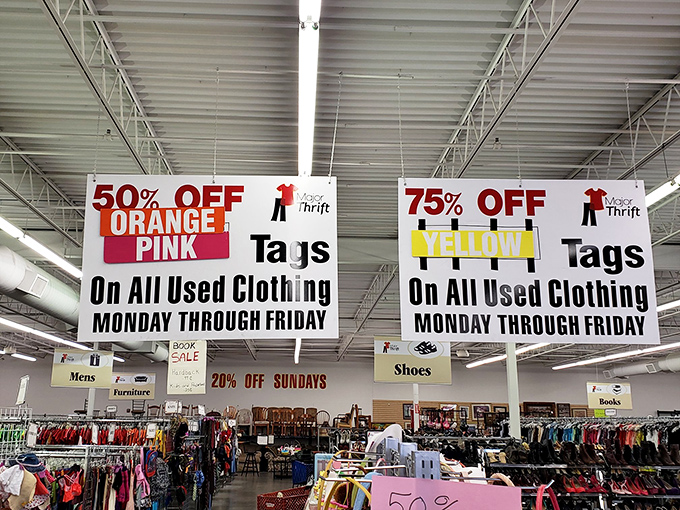 The color-coded discount system is your treasure map. Yellow tags at 75% off? That's not shopping&mdash;that's winning at life.