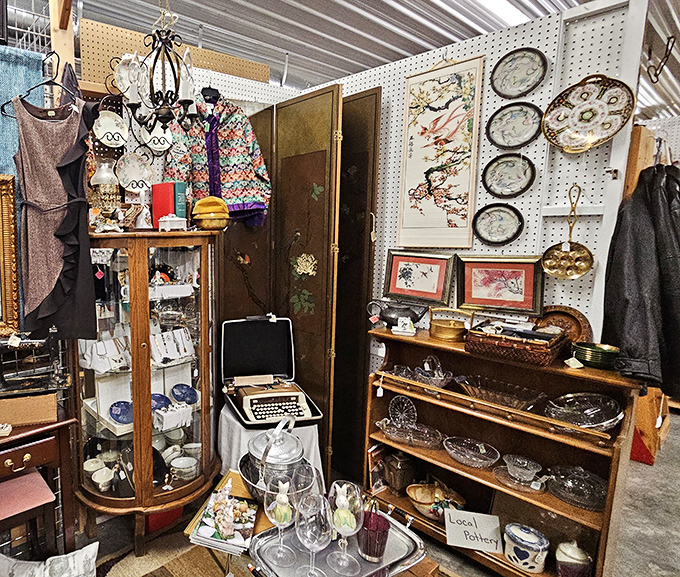 Every shelf tells a story here&mdash;from vintage typewriters to delicate china, it's like your grandmother's attic got organized... sort of.