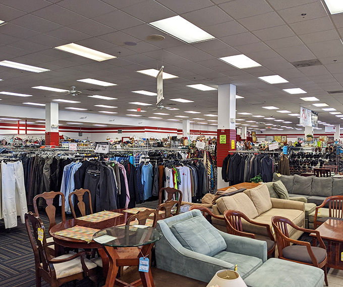 Where furniture dreams and clothing quests collide in fluorescent-lit glory. One person's castoffs become another's conversation pieces in this vast space.