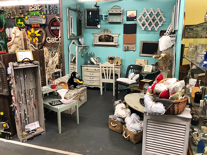 That turquoise booth isn't just selling furniture—it's offering the childhood you remember, slightly improved by nostalgia's rose-colored glasses.