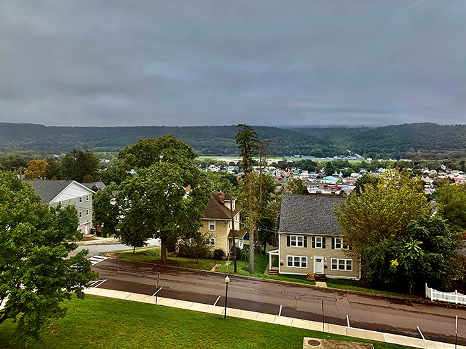 From this hillside vantage point, Bloomsburg unfolds like a Norman Rockwell painting come to life, nestled against Pennsylvania's rolling landscape.