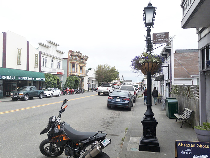 Vintage lampposts and hanging flower baskets add to the time-capsule feel of downtown Ferndale, where modern chain stores dare not tread.