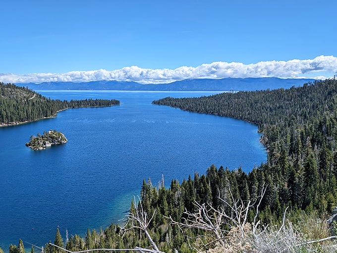 That moment when you can't tell where the sky ends and the water begins. Emerald Bay's panorama makes smartphone cameras weep with inadequacy.