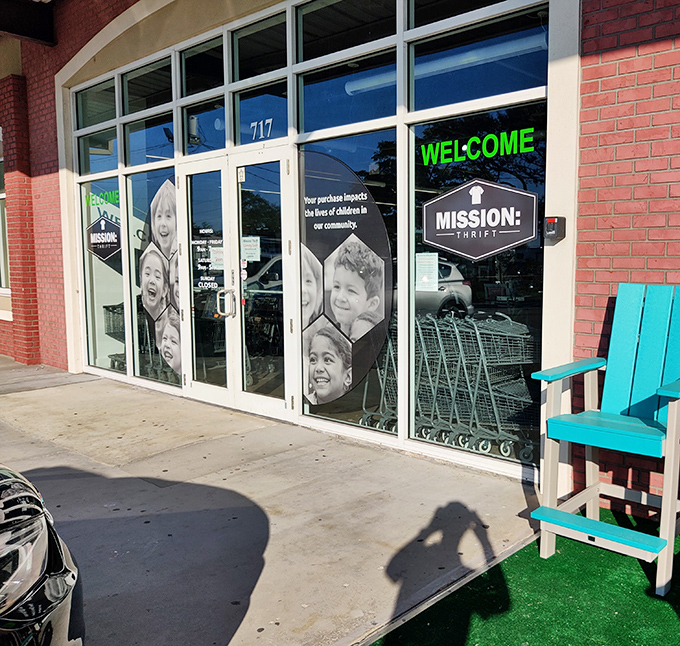 The welcoming entrance promises adventure within, complete with a turquoise Adirondack chair 