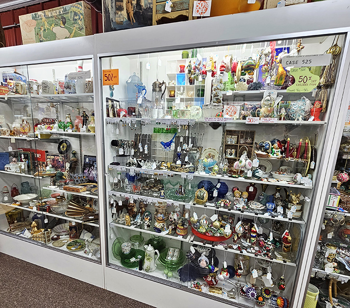These glass cases are like time capsules with price tags. One person's knick-knack is another's "I've been searching for this my whole life!"
