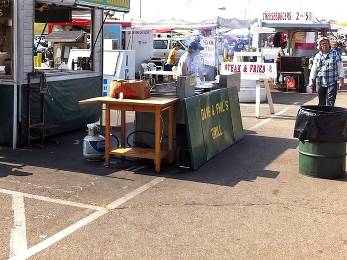 The sizzle of "Steak & Fries" mingles with the aroma of cheesesteaks. At flea markets, the food is half the fun!