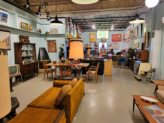 Mid-century modern meets "I remember when Grandma had that exact lamp" in this perfectly curated chaos.