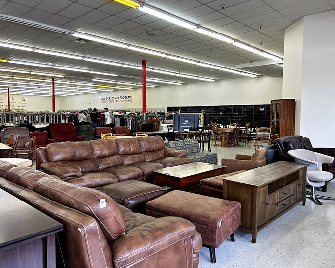 The sofa lineup looks like a living room fashion show spanning decades. That plaid recliner has definitely seen some NFL Sundays.