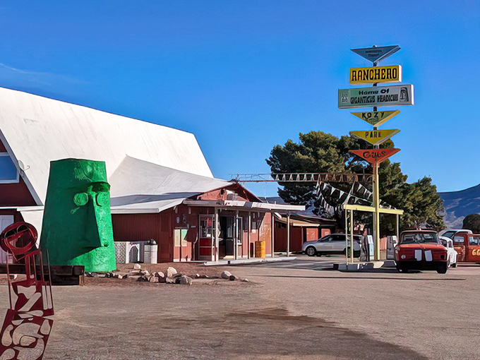 The colorful signage points to various attractions, but let's be honest &ndash; you came for the big green guy who never blinks.