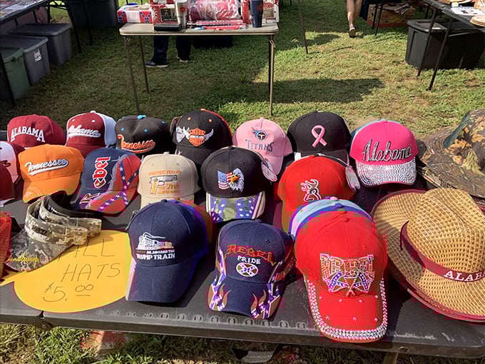 Baseball caps telling stories of team loyalties, fishing trips, and hair days best left forgotten.