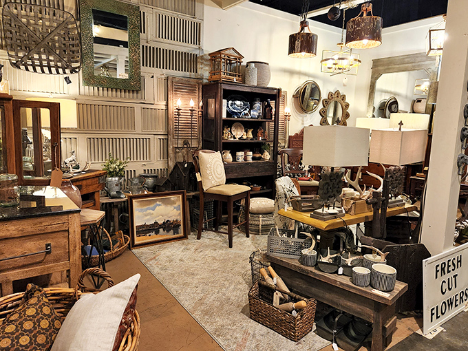 Every corner tells a story&mdash;this vignette featuring rustic wood, woven baskets, and vintage signage could transform any house into a magazine-worthy home.