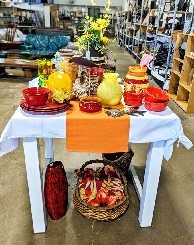 A perfectly staged tablescape that whispers, "Yes, these vibrant dishes could be yours for less than the cost of a fancy coffee."