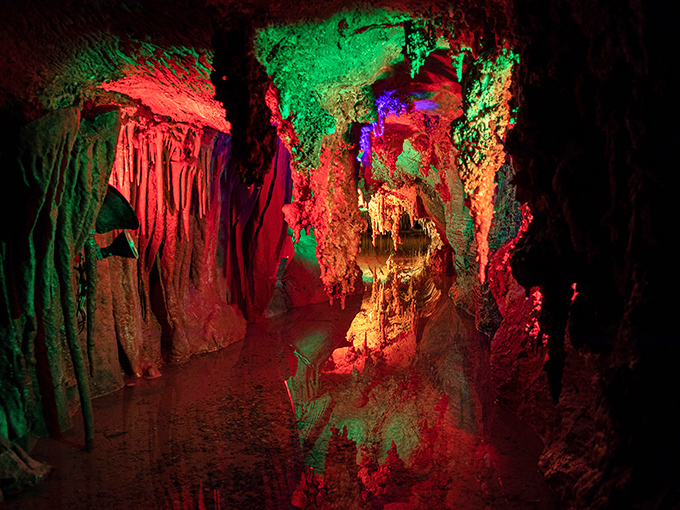 Who needs nightclubs when Mother Nature throws light shows like this? The colorful illumination transforms ancient stone into a psychedelic dreamscape.