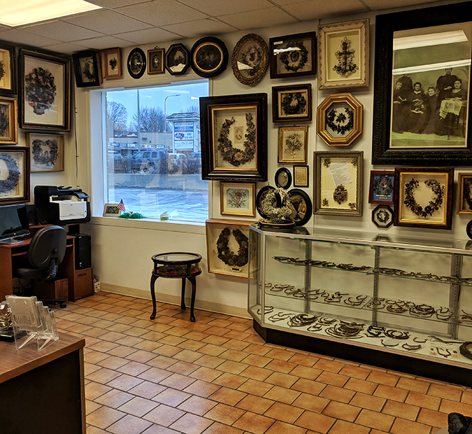 Wall-to-wall hair art that would make Rapunzel jealous. Each frame contains someone's actual locks, woven into intricate designs.