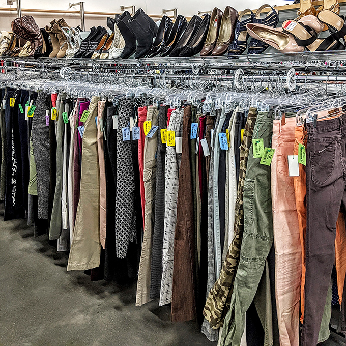 The pants section alone could outfit half of Maryland, with shoes perched above like trophies waiting to be claimed by savvy shoppers.