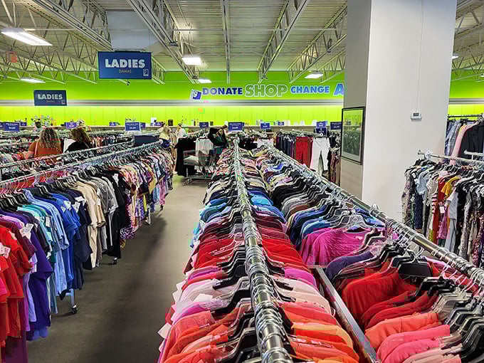 The ladies' section: a color-coded wonderland where everything from casual tees to formal wear awaits. Somewhere in there lurks a designer gem.