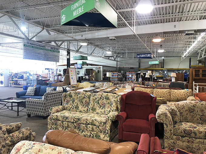The furniture section resembles a living room museum where floral patterns from three decades collide in surprisingly harmonious fashion.