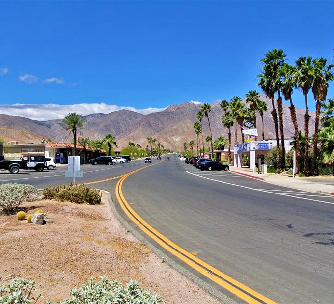 Blue skies, palm trees, and mountains that don't quit &ndash; Borrego Springs' main street is California desert living without the pretension or price tag.