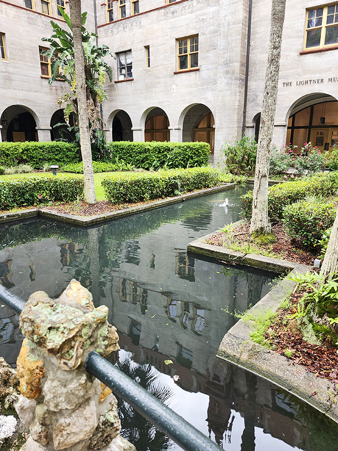 Not all St. Augustine treasures are inside the outlets—this reflective courtyard at the nearby Lightner Museum offers a peaceful counterpoint to shopping excitement.