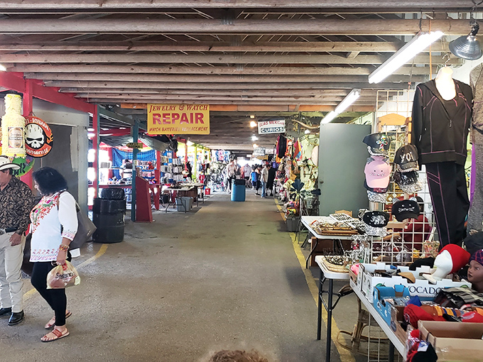 A kaleidoscope of merchandise lines this covered walkway, where shoppers stroll with the focused determination of archaeologists on the verge of discovery.