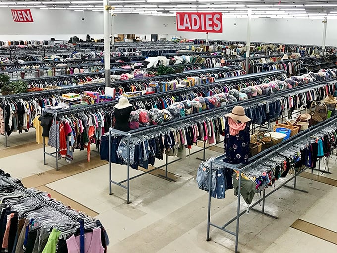 Endless racks stretch like a clothing lover's dream, organized chaos waiting for your perfect find.