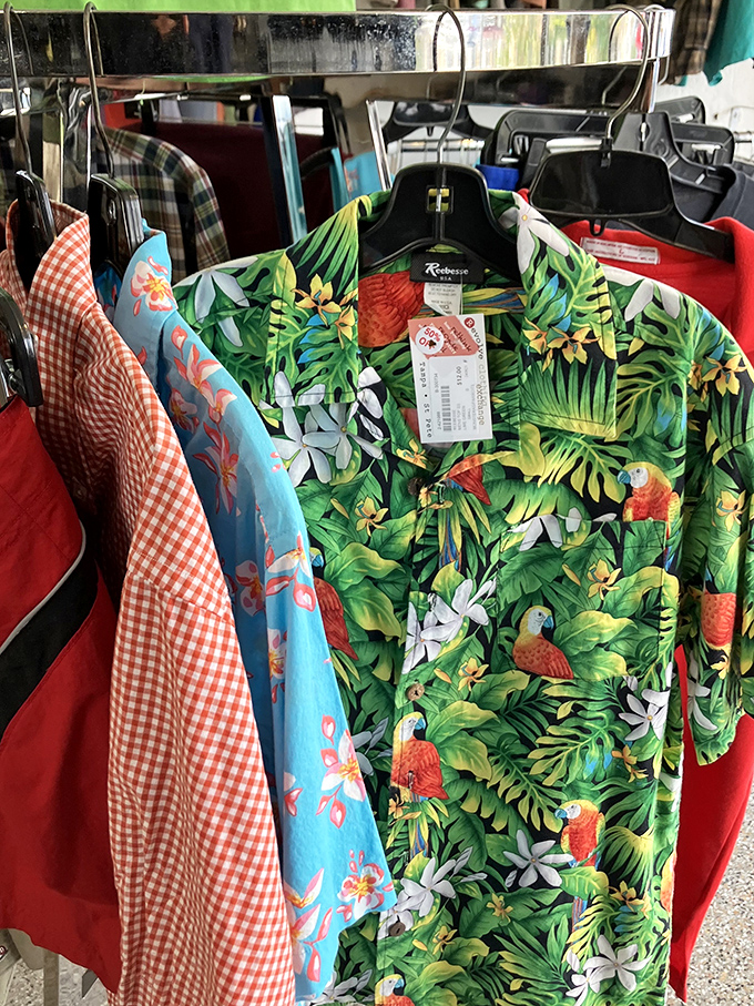 Florida's unofficial uniform hangs in vibrant glory. These tropical shirts with parrots and palms are waiting to transform you into a walking postcard for under $10.