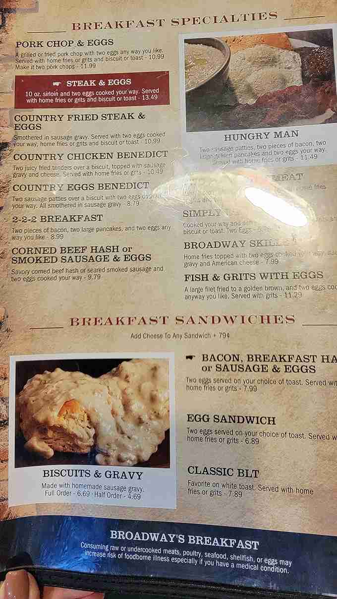The menu reads like a love letter to breakfast classics – just look at those biscuits and gravy calling your name!