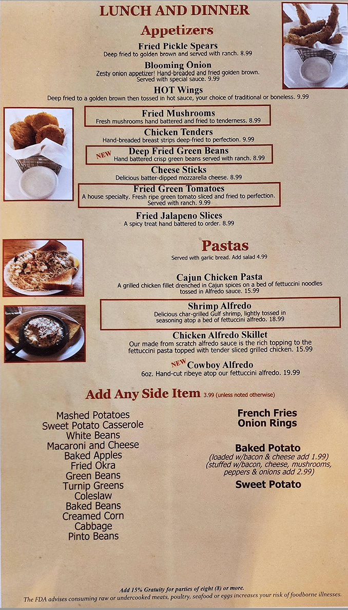 A menu that reads like a love letter to Southern appetites. Notice how "Fried Green Tomatoes" gets that special box&mdash;they're not subtle about their pride.