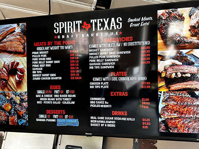 A menu board that speaks the universal language of smoked meat devotion. No fancy descriptions needed when the food does the talking.