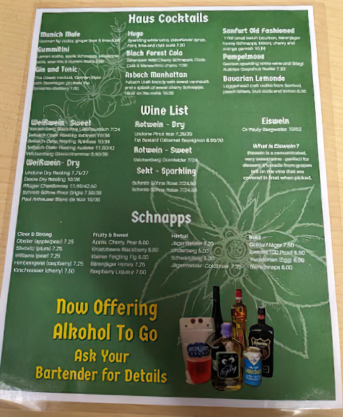 The drink menu reads like a love letter to German libations, from traditional schnapps to craft cocktails with Bavarian twists.