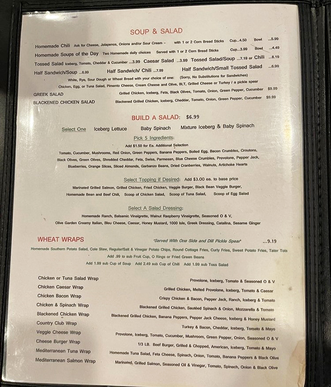 This isn't just a menu—it's a roadmap to comfort. From homemade chili to build-your-own salads, every choice feels like the right one.