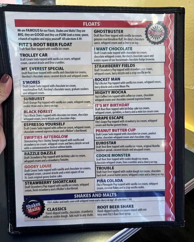 The float menu reads like a dessert lover's fantasy novel&mdash;each description promising a sweet escape from ordinary beverages into ice cream paradise.