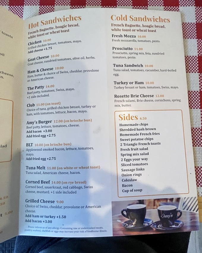 This menu isn't just a list of options—it's a roadmap to happiness. Each sandwich description reads like poetry for the perpetually hungry.