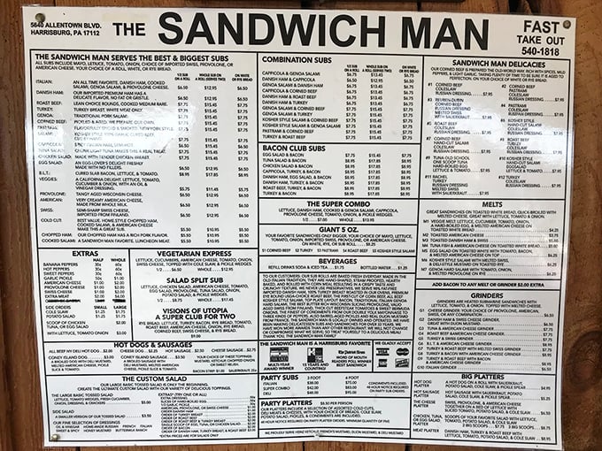 This menu isn't just extensive, it's a manifesto of sandwich possibilities. Studying it feels like preparing for the most delicious exam you'll ever take.