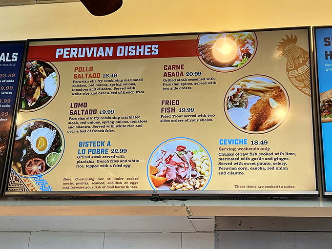 The menu board reads like a love letter to Peruvian cuisine. Lomo saltado, ceviche, and pollo a la brasa&mdash;decisions this difficult should come with a therapist.