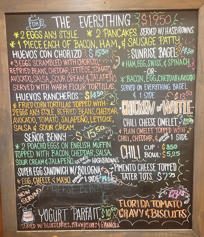 This chalkboard menu is like a roadmap to happiness. "The Everything" breakfast isn't just a meal&mdash;it's a commitment.