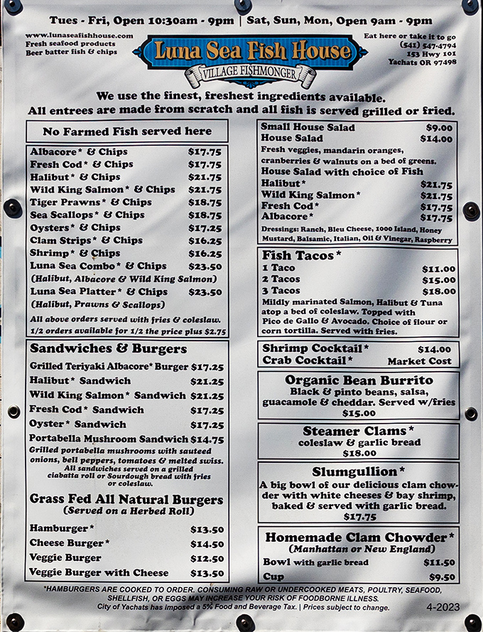 A menu that reads like poetry to seafood lovers. No farmed fish here&mdash;just wild-caught treasures from the Pacific's depths.