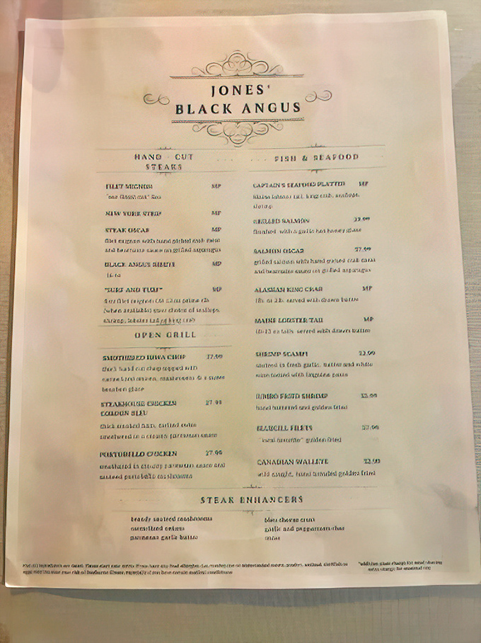 The menu at Jones' Black Angus reads like a love letter to carnivores, with that legendary Steak Oscar front and center where it belongs.