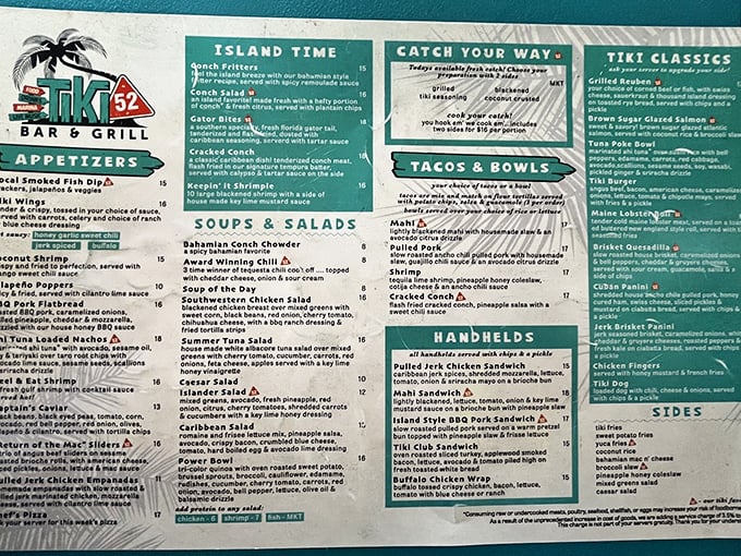 The menu at Tiki 52 reads like a love letter to Florida's coastal bounty. Decisions, decisions&mdash;though locals will steer you toward that legendary cheeseburger.