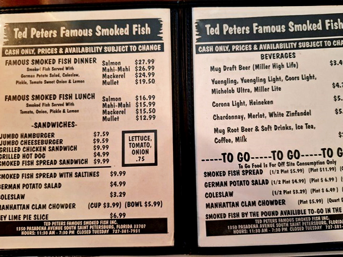 A menu so straightforward it's practically a manifesto: smoke fish, serve sides, repeat. No fusion confusion here, just Florida's finest.