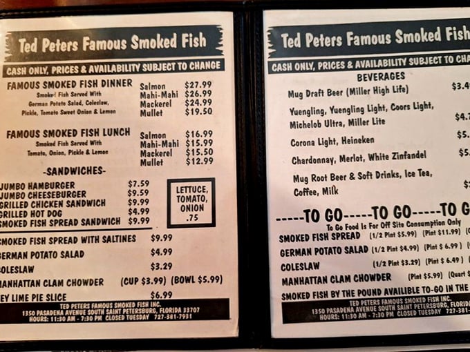 A menu so straightforward it's practically a manifesto: smoke fish, serve sides, repeat. No fusion confusion here, just Florida's finest.