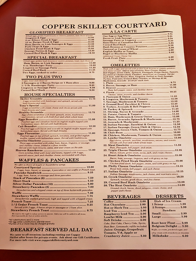 This menu isn't just a list of options&mdash;it's a roadmap to breakfast nirvana. The "Heart Attack Omelette" is both a warning and an invitation.