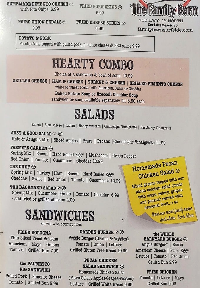 A menu that doesn't need fancy fonts to impress &ndash; just honest offerings like homemade pimento cheese and "Mom's secret family recipe."