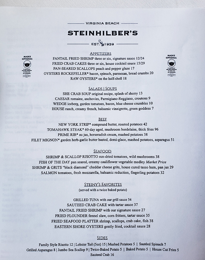 A menu that reads like a love letter to seafood enthusiasts. The She Crab Soup alone has probably prevented several Virginians from moving out of state.