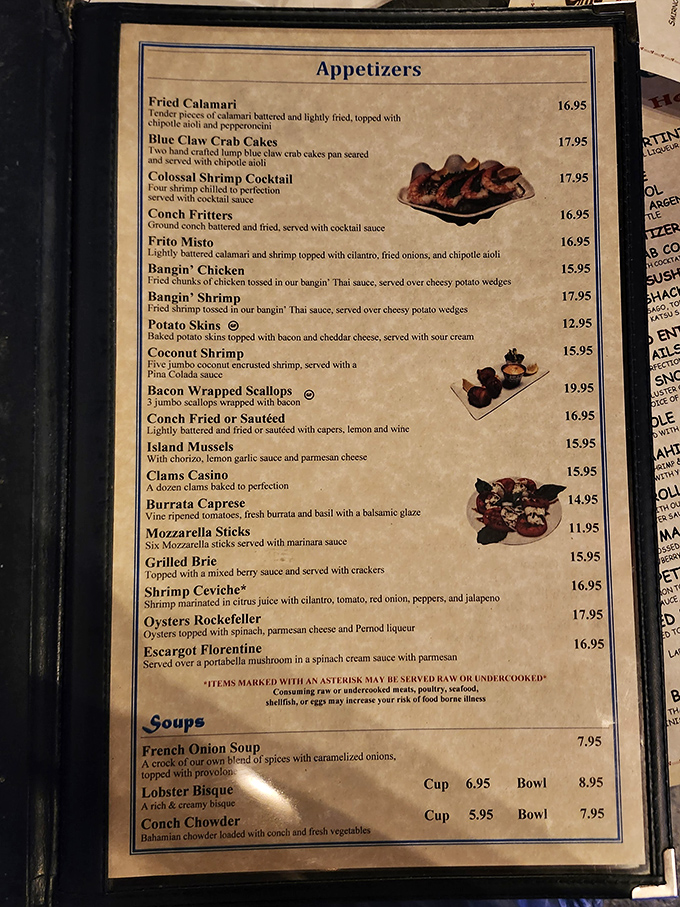 The menu reads like a love letter to the ocean&mdash;Blue Claw Crab Cakes, Coconut Shrimp, and Island Mussels tempt you before you've even ordered a drink.